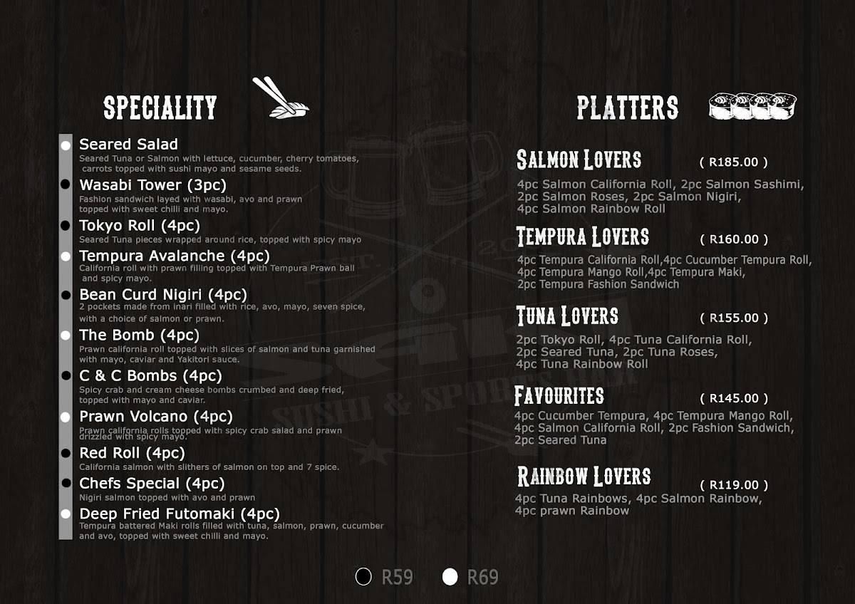 Menu at Saki pub & bar, Pietermaritzburg