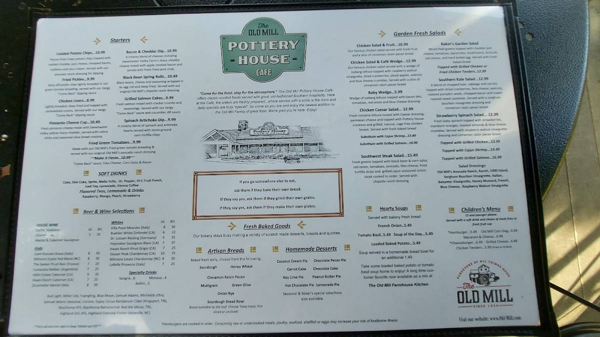 Menu at The Old Mill Pottery House Café cafe, Pigeon Forge, Old Mill St