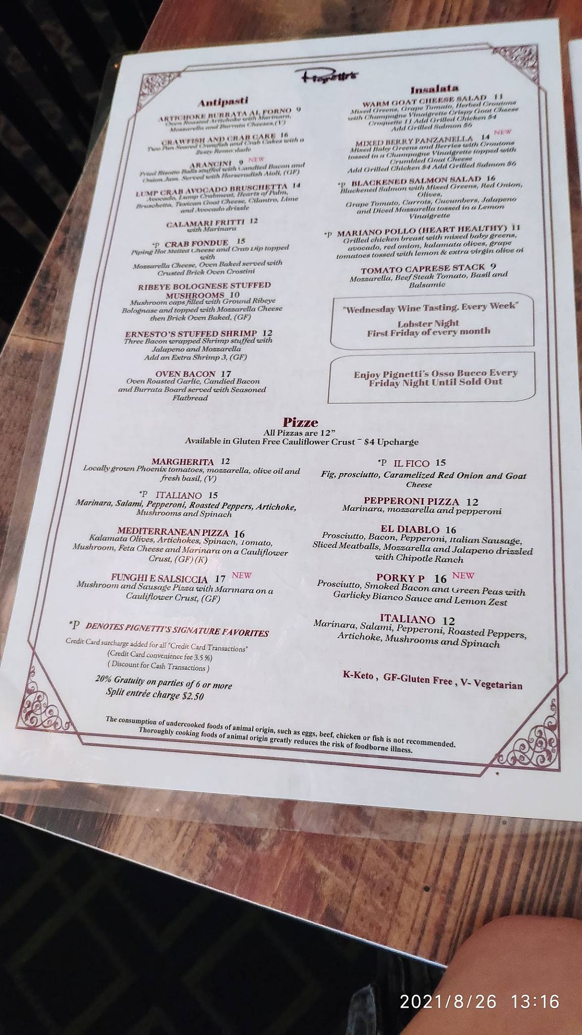 Menu at Pignetti's restaurant, Temple