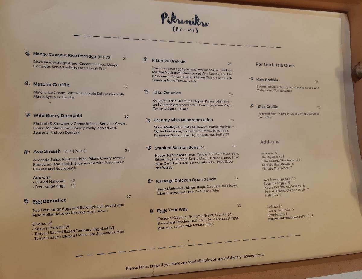 Carta de Pikuniku Cafe, Auckland