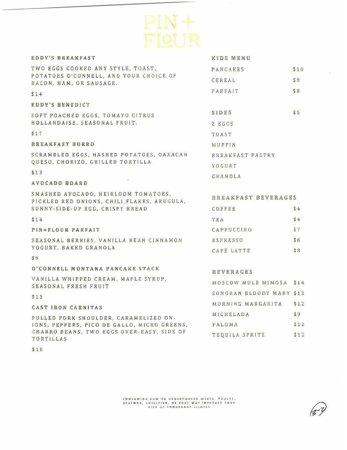 Menu at Pin+Flour restaurant, Tucson