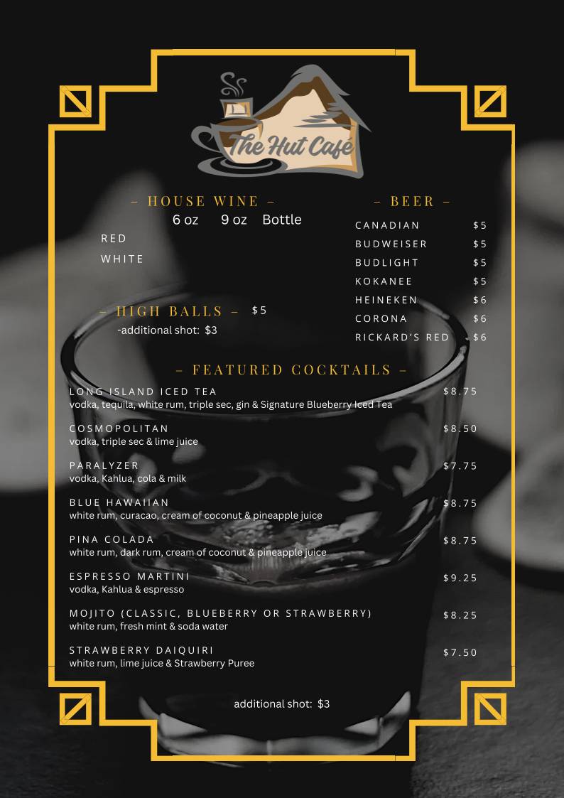 Menu at The Hut Café (Resto Bar & Patio), Pincher Creek