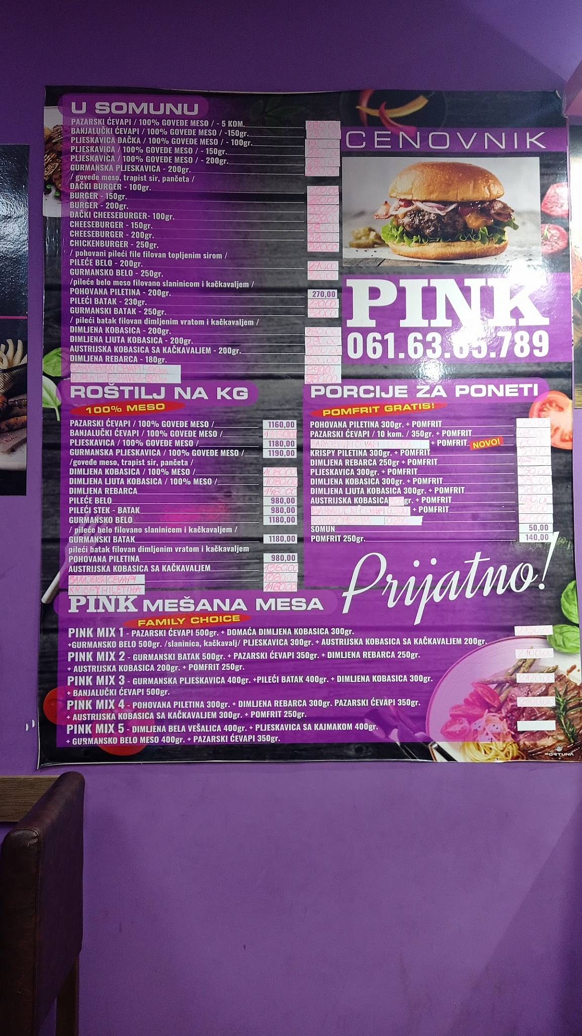 Menu at Pink ćevabdžinica 019 restaurant, Zaječar