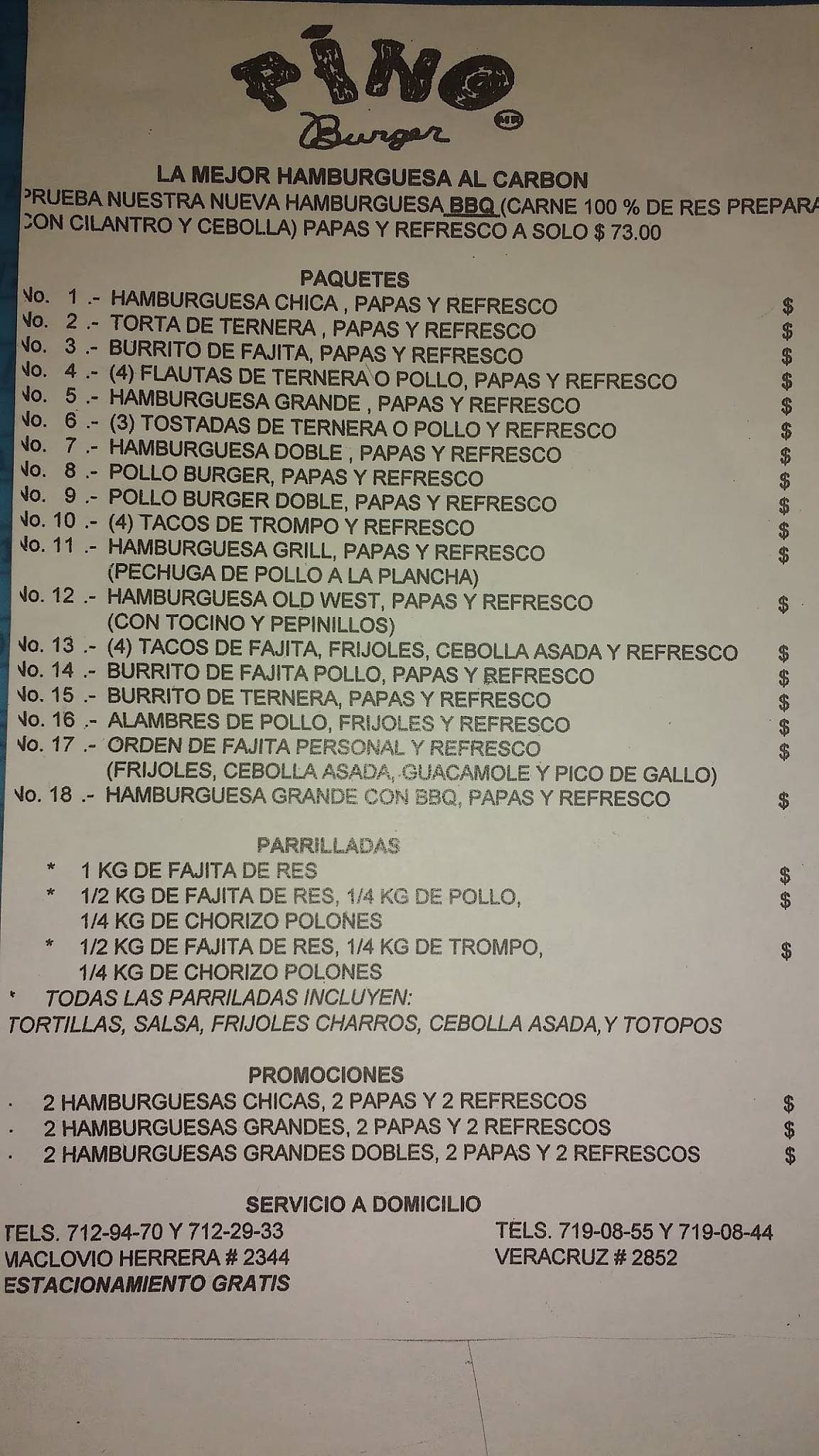 Menu at Pino Burger restaurant, Nuevo Laredo, C. Veracruz 2852