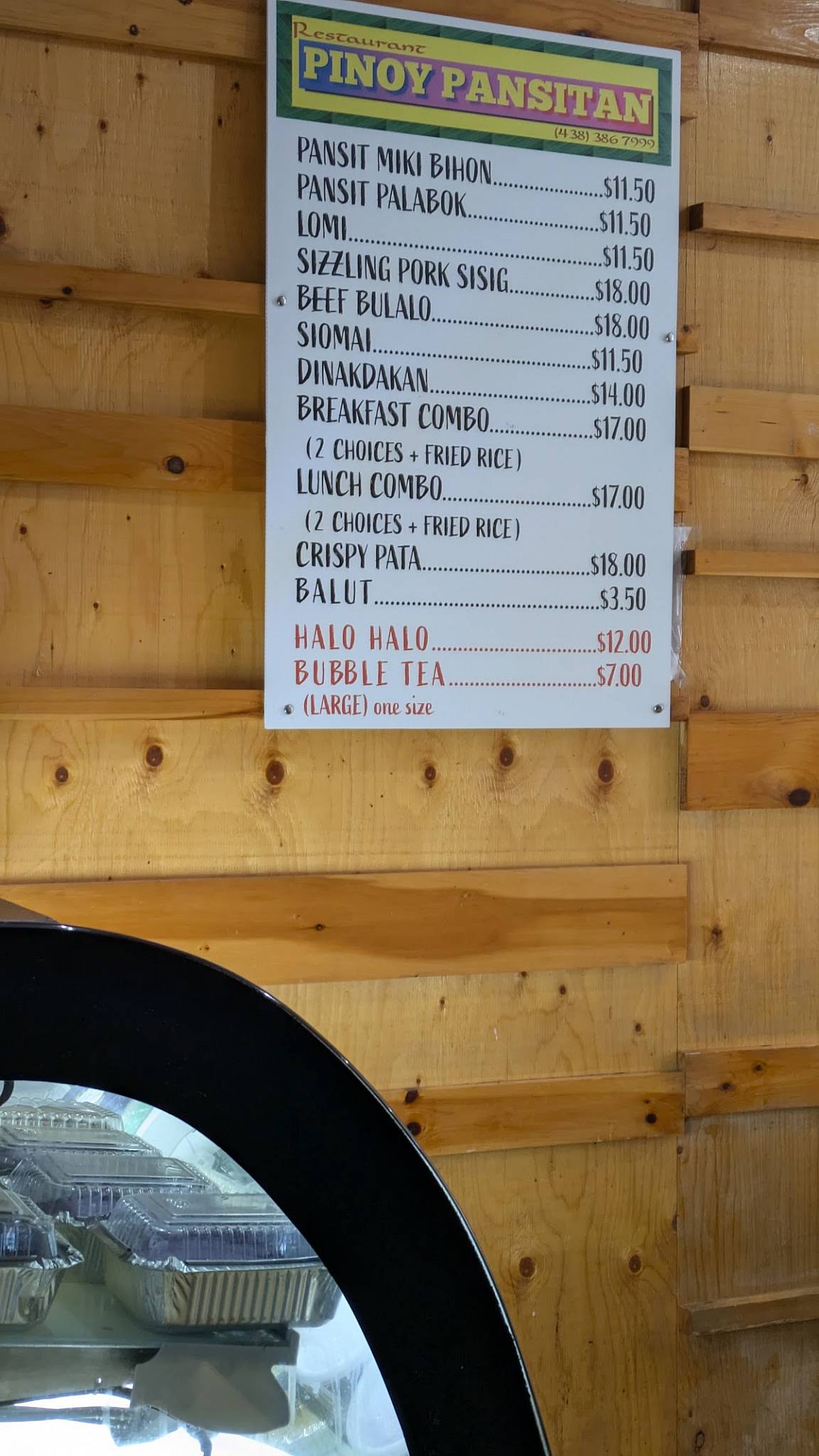 Menu au Pinoy Pansitan restaurant, Montréal