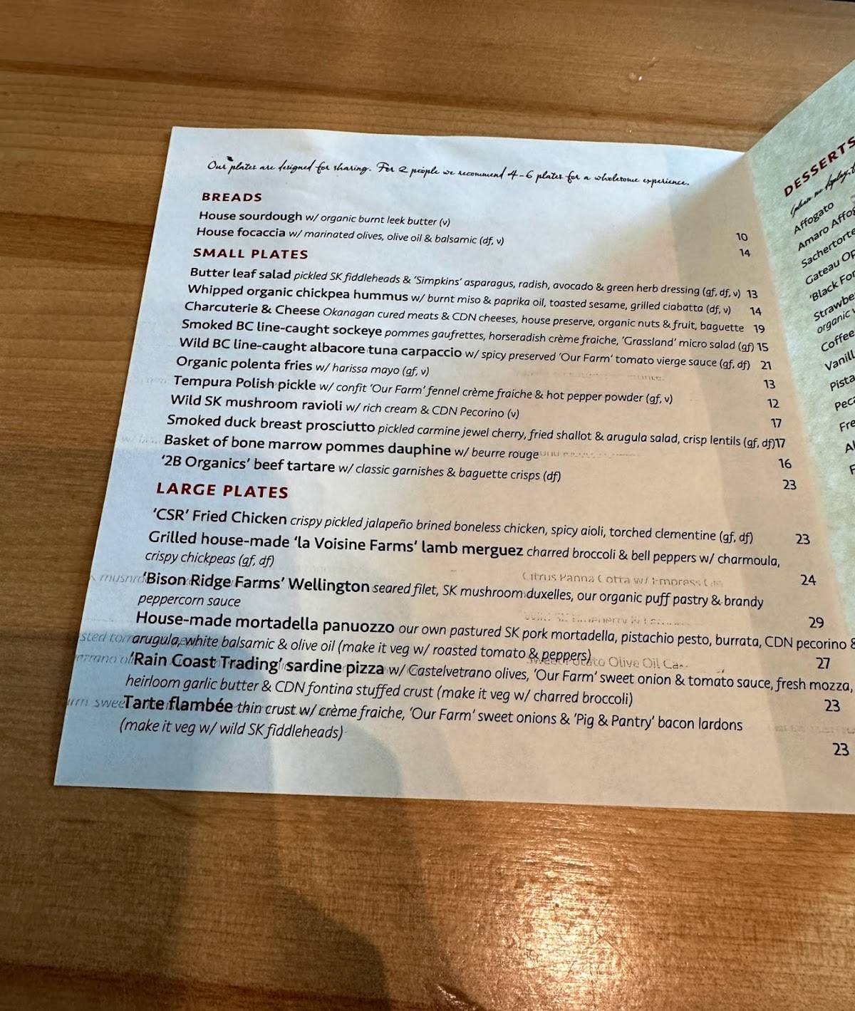 Menu at Pique cafe, Saskatoon