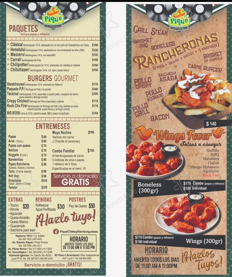 Menu at Piqué Chili and Burgers restaurant, Ciudad Juarez, Calle ...