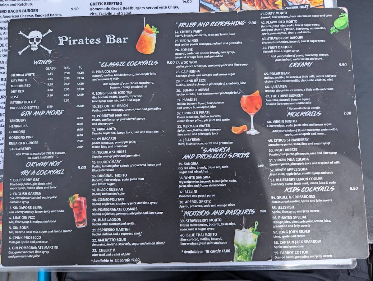 Menu at Pirates Bar, Roda