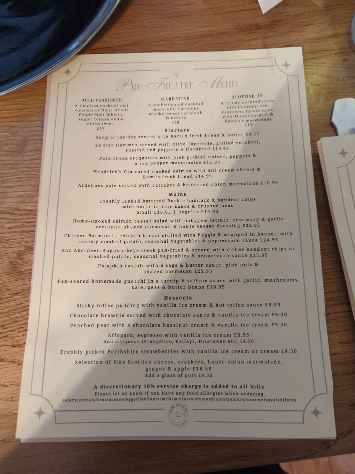 Menu at Port-na-Craig Inn & Restaurant, Pitlochry