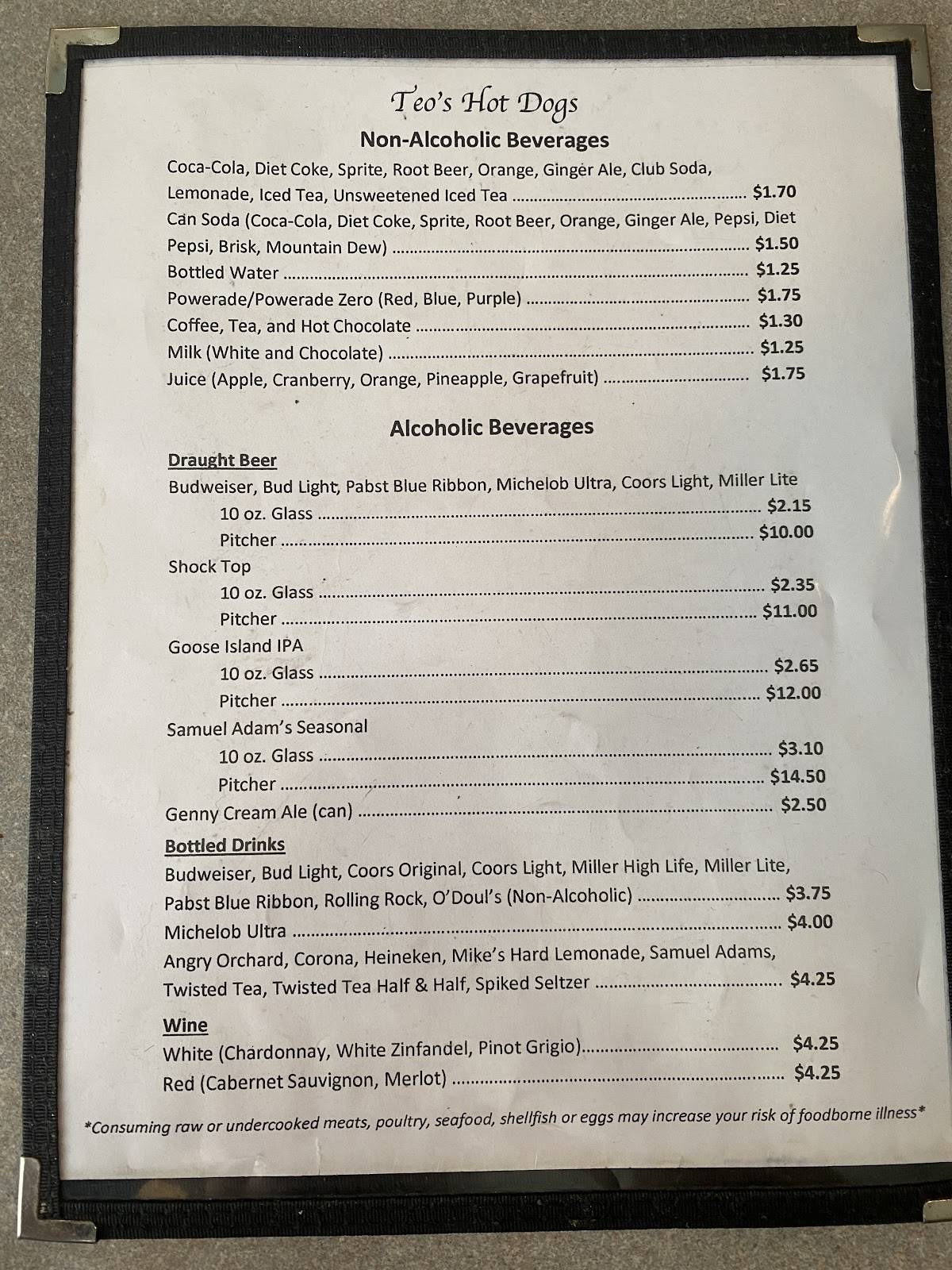Menu at Teo's pub & bar, Pittsfield