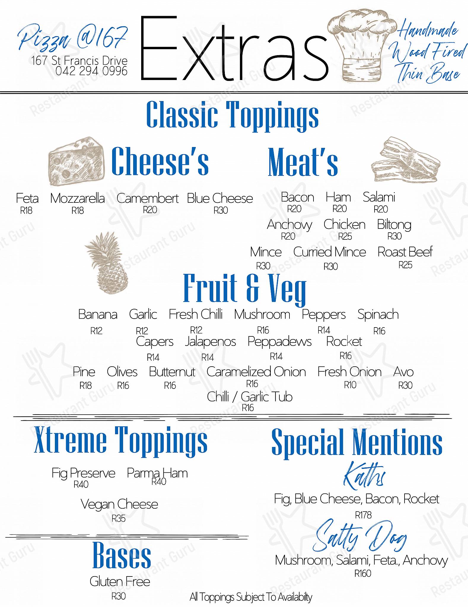 Menu at Pizza @ 167 pizzeria, Saint Francis Bay