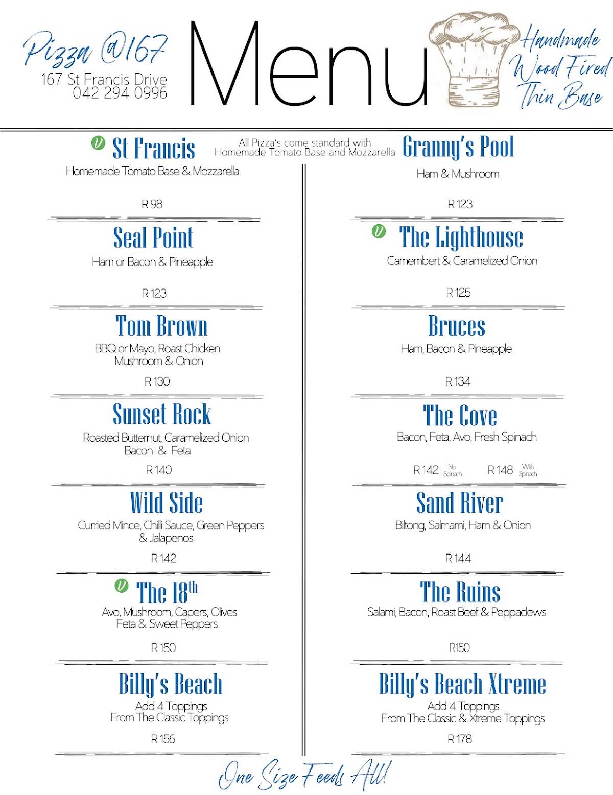 Menu at Pizza @ 167 pizzeria, Saint Francis Bay