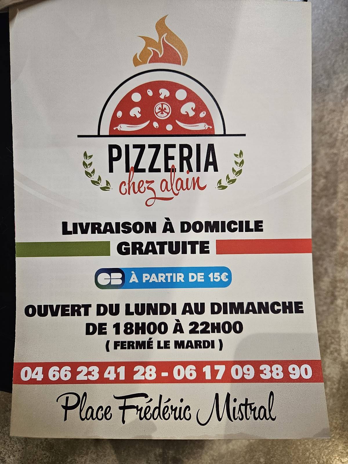 Menu au Pizza Alain pizzeria, Saint-Gilles