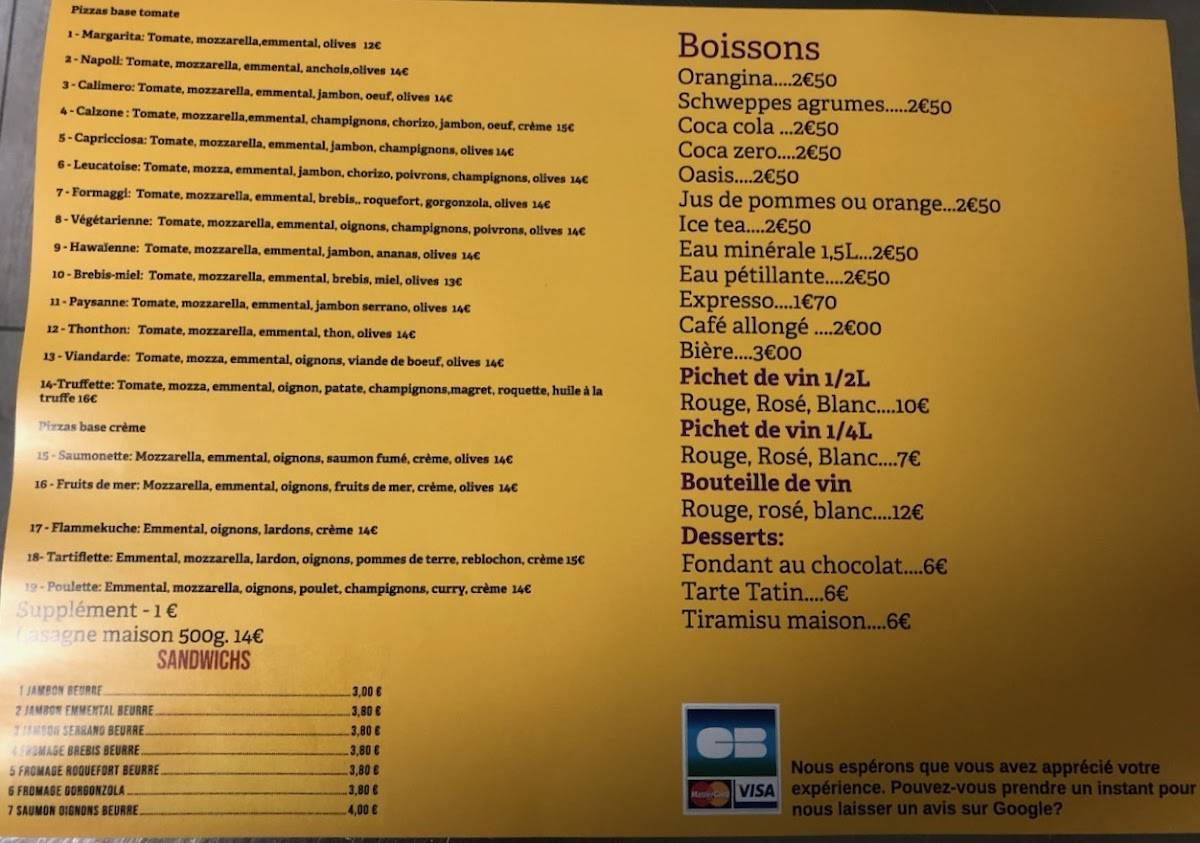 Menu au Pizza Chez Jordan restaurant, Leucate