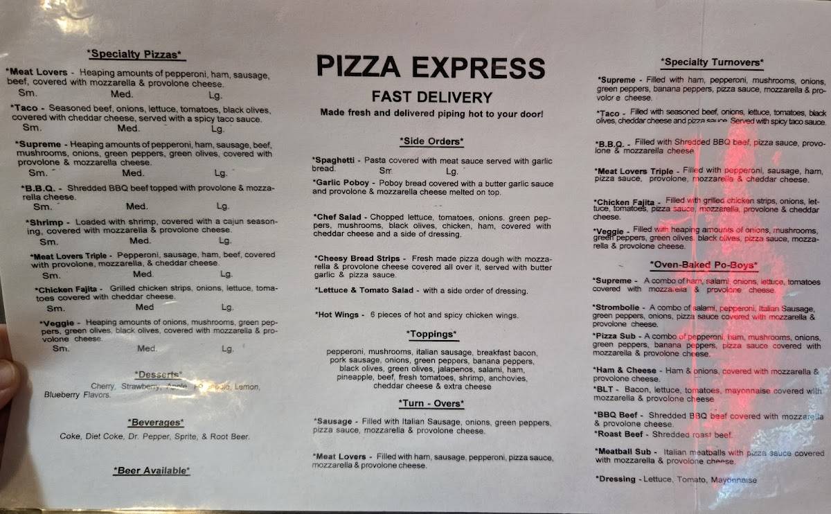 Menu at Pizza Express pizzeria, Chauvin