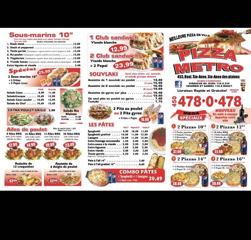 Menu au Pizza Métro restaurant, Sainte-Anne-des-Plaines