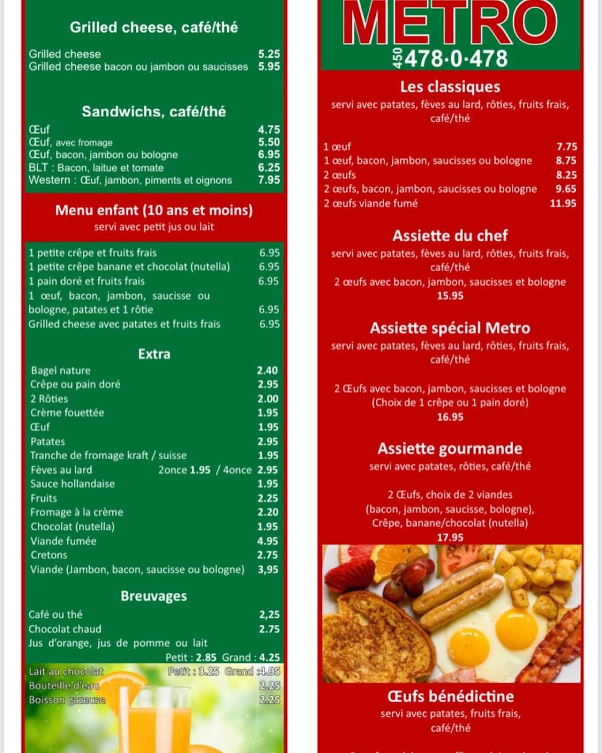 Menu au Pizza Métro restaurant, Sainte-Anne-des-Plaines