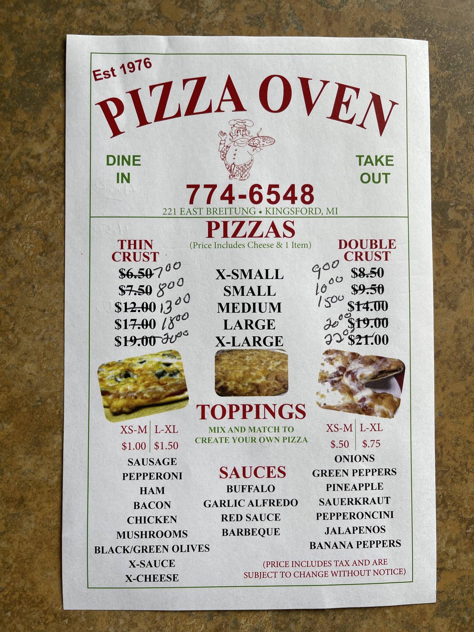 Menu at Pizza Oven pizzeria, Kingsford