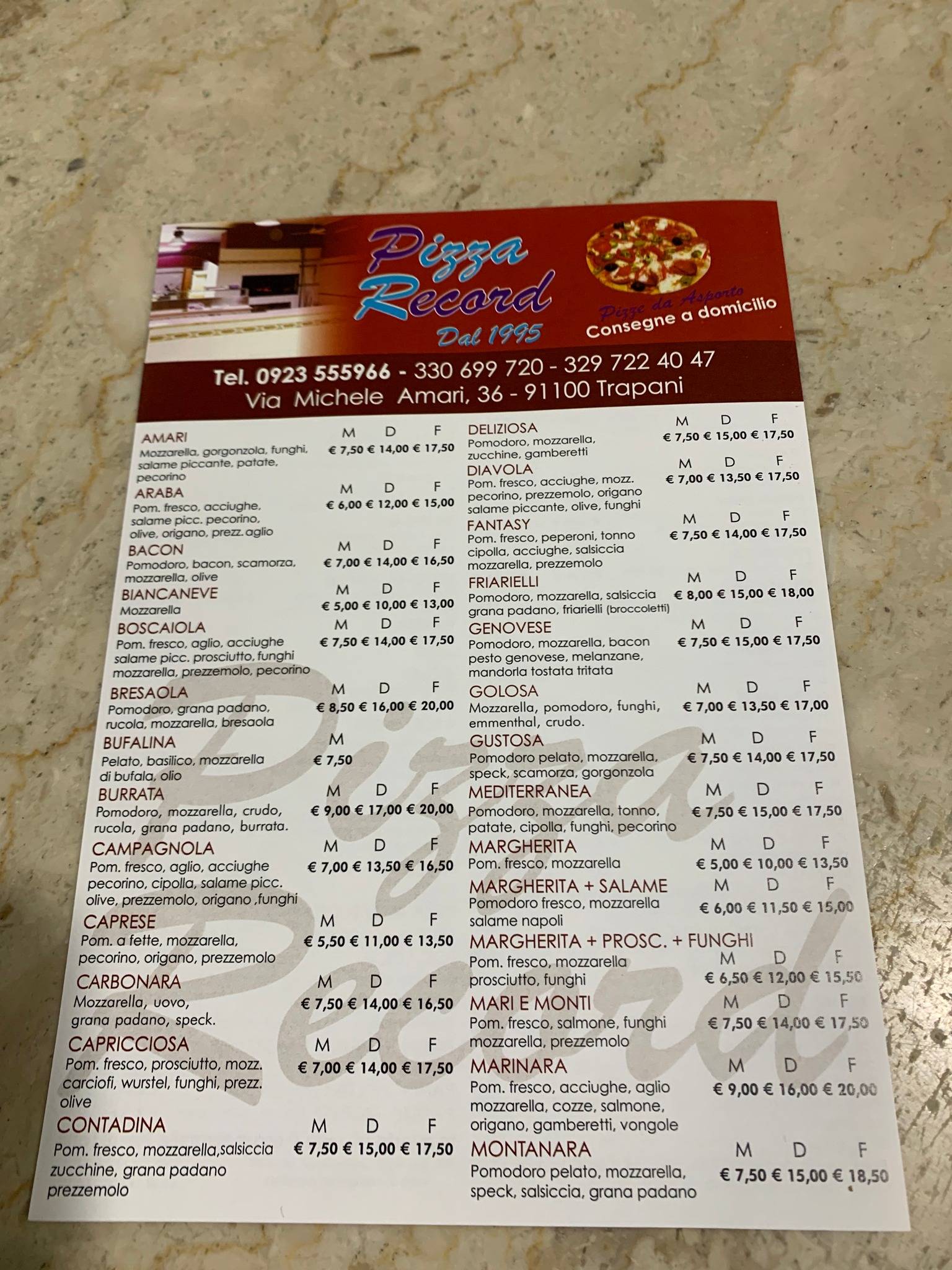 Menu da Pizza Record pizzeria, Trapani