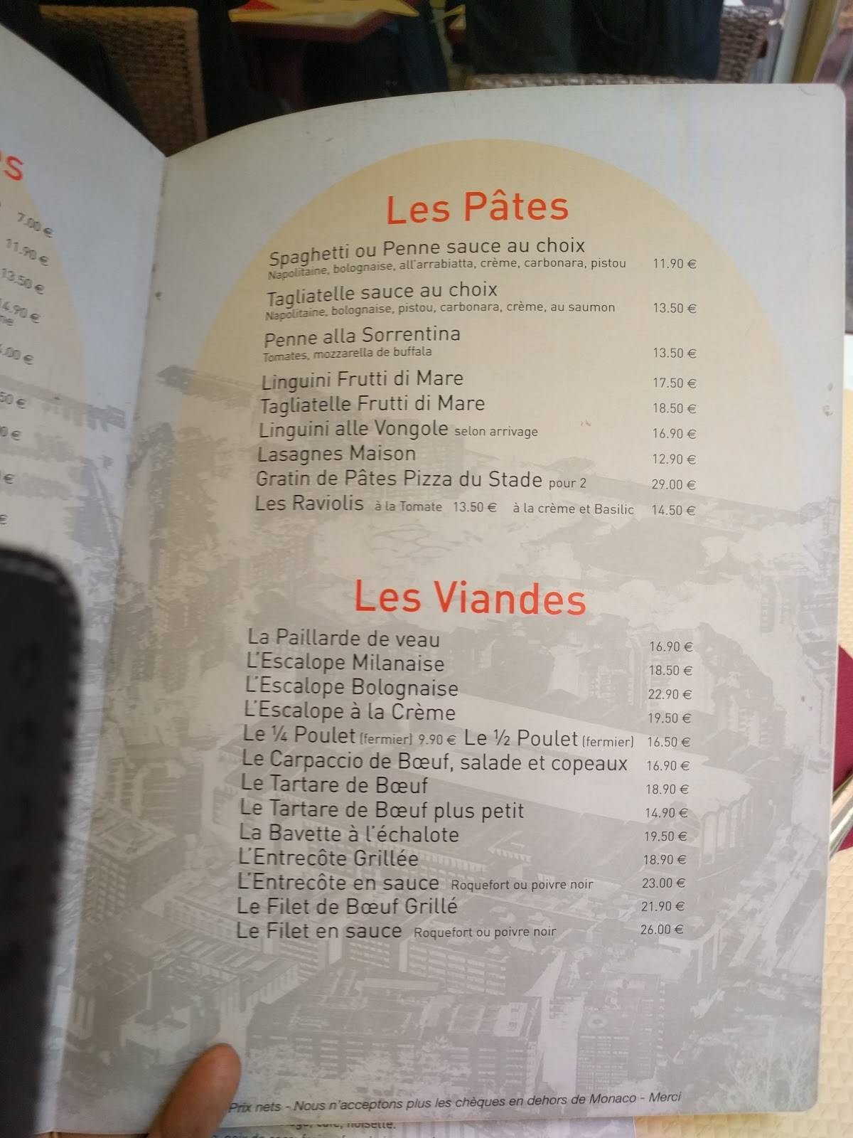 Menu au Pizza du Stade (La) restaurant, Monaco