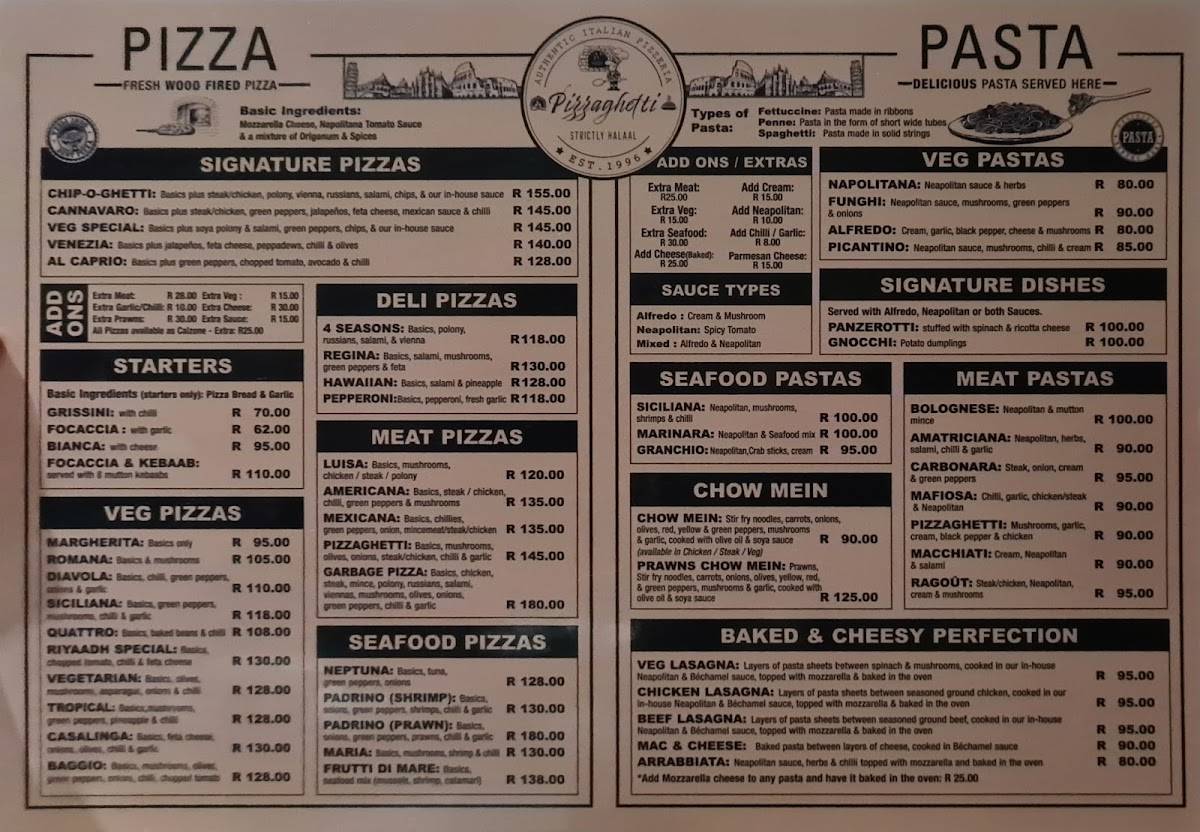 Menu at Pizzaghetti Lenasia restaurant, Lenasia