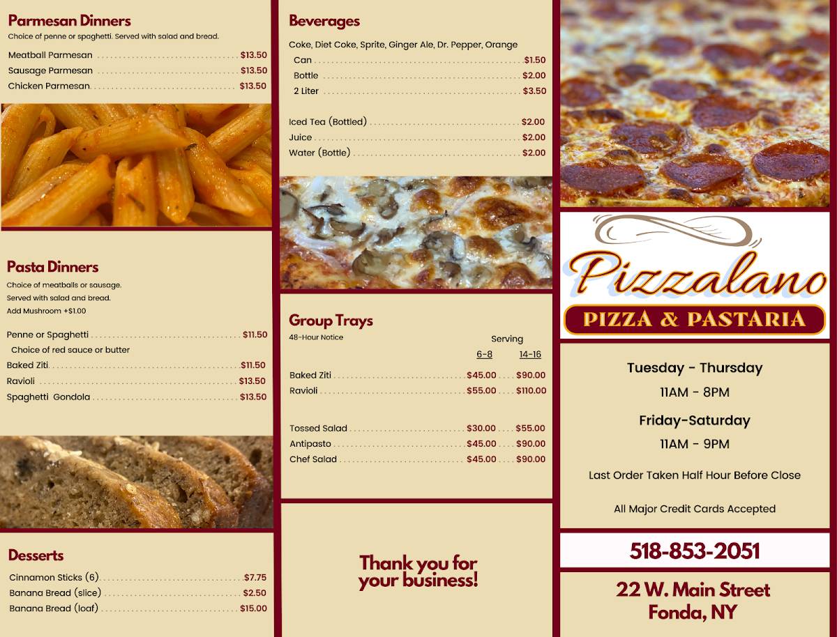 Menu at Pizzalano restaurant, Fonda