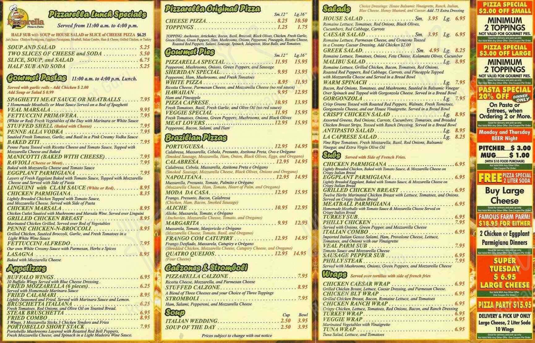 Menu at Pizzarella Italian Restaurant, Hollywood