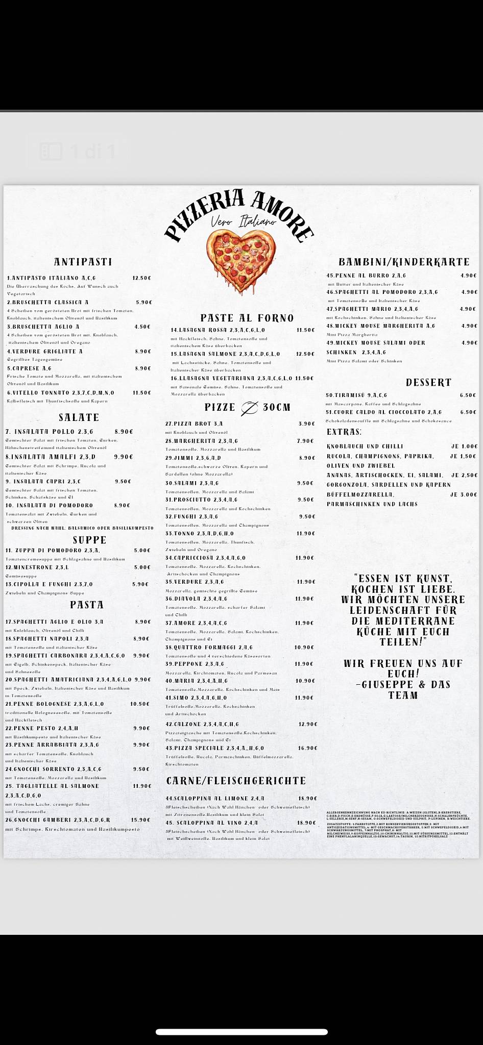 Speisekarte von Pizzeria Amore, Radebeul