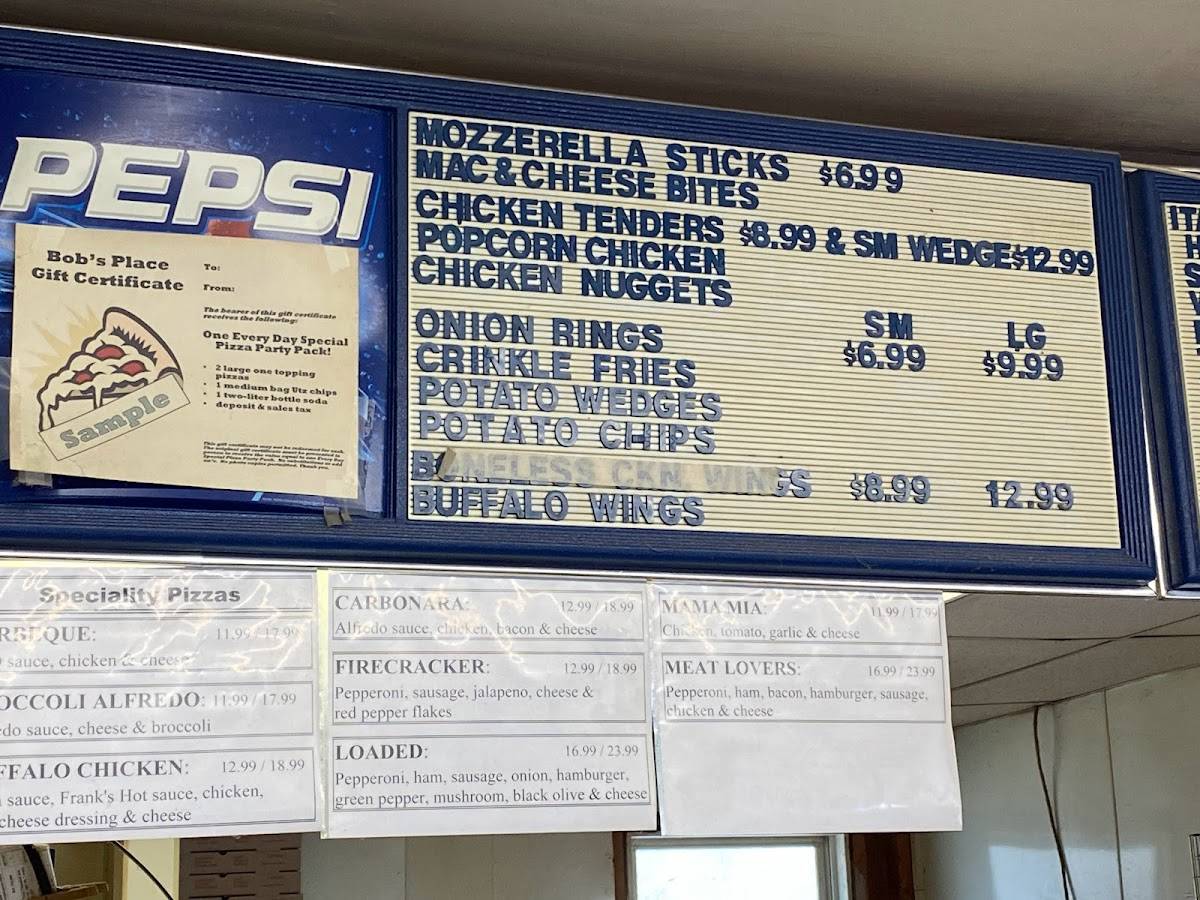 Menu at Bob's Place pizzeria, Casco