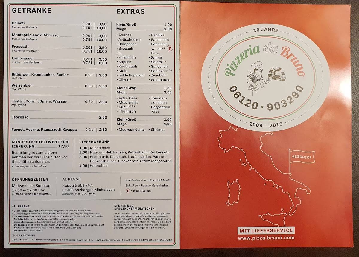 Speisekarte von Pizzeria Da Bruno, Aarbergen, Hauptstraße 74A