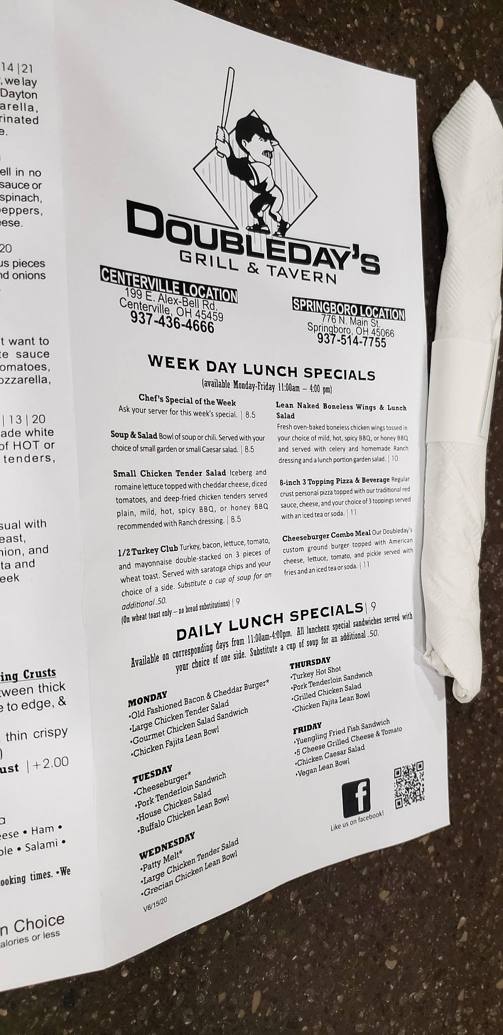 Menu at Doubleday's Grill &Tavern pizzeria, Springboro