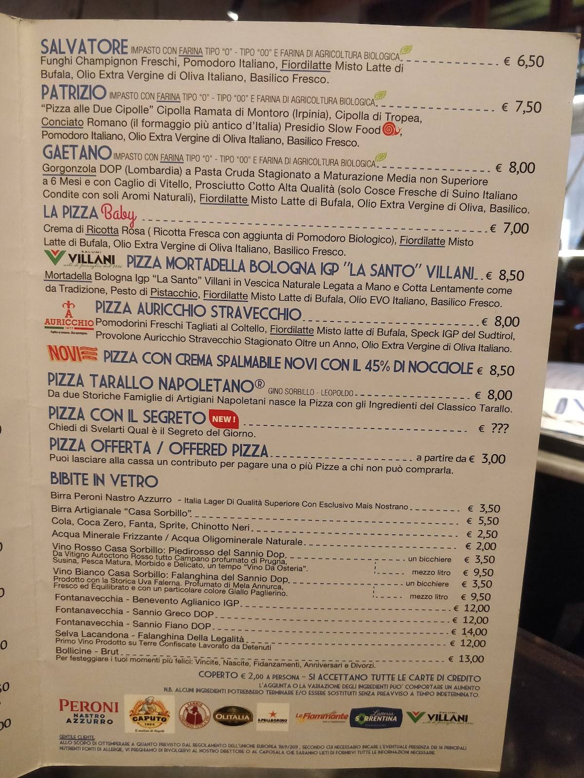 Menu at Gino e Toto Sorbillo pizzeria, Naples, Via dei Tribunali