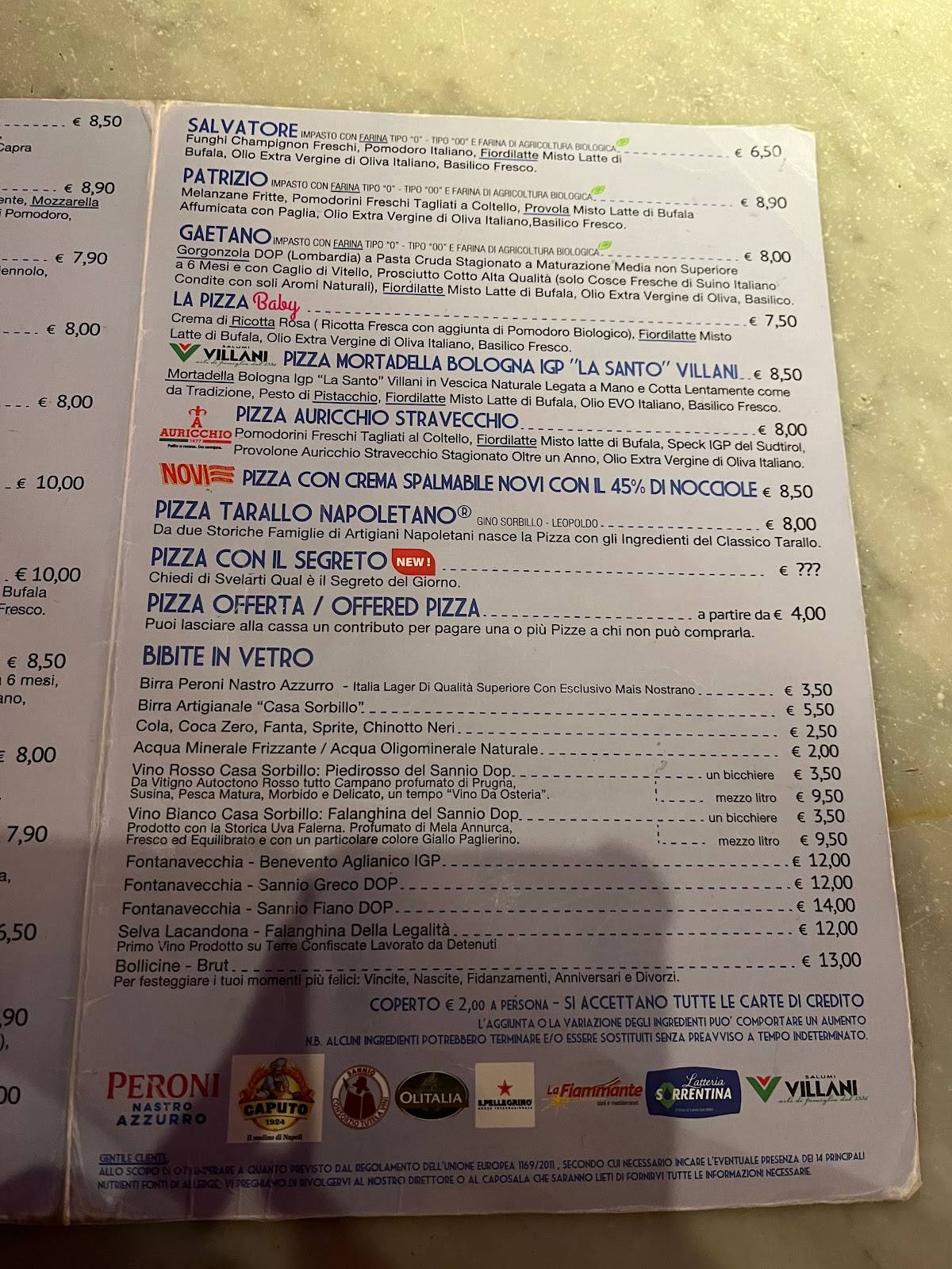 Menu at Gino e Toto Sorbillo pizzeria, Naples, Via dei Tribunali