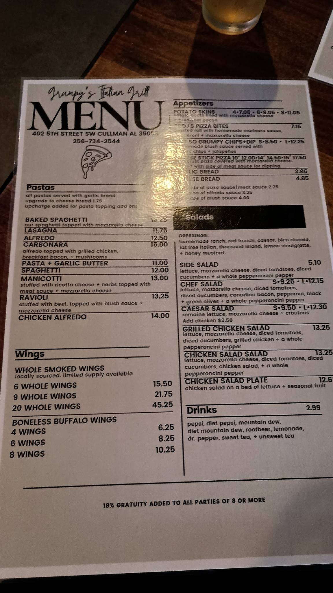 Menu at Grumpy's Italian Grill pizzeria, Cullman, 402 5th St SW