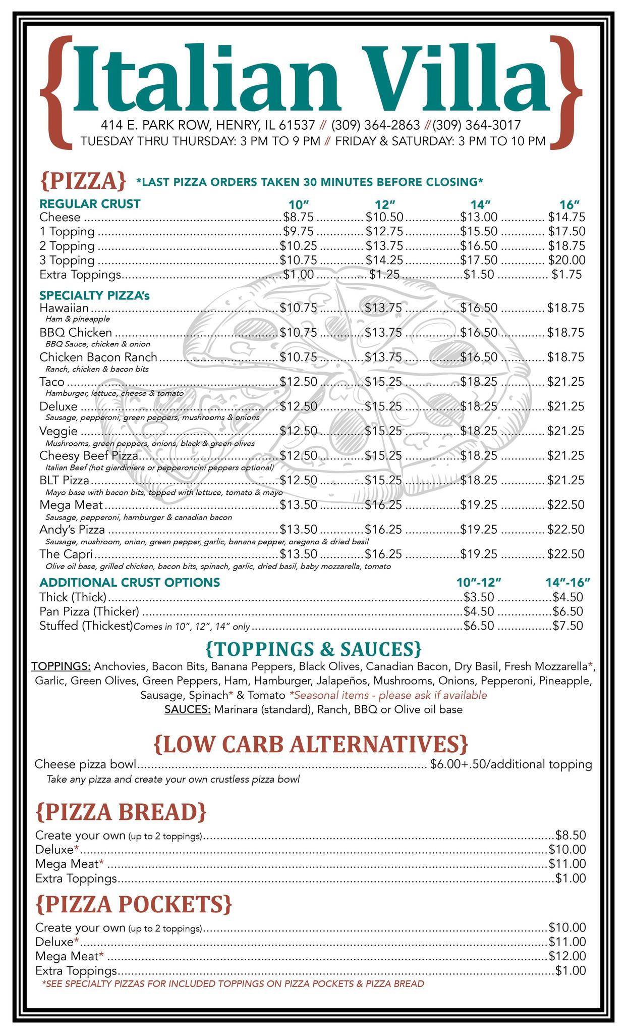 Menu at Italian Villa pizzeria, Henry
