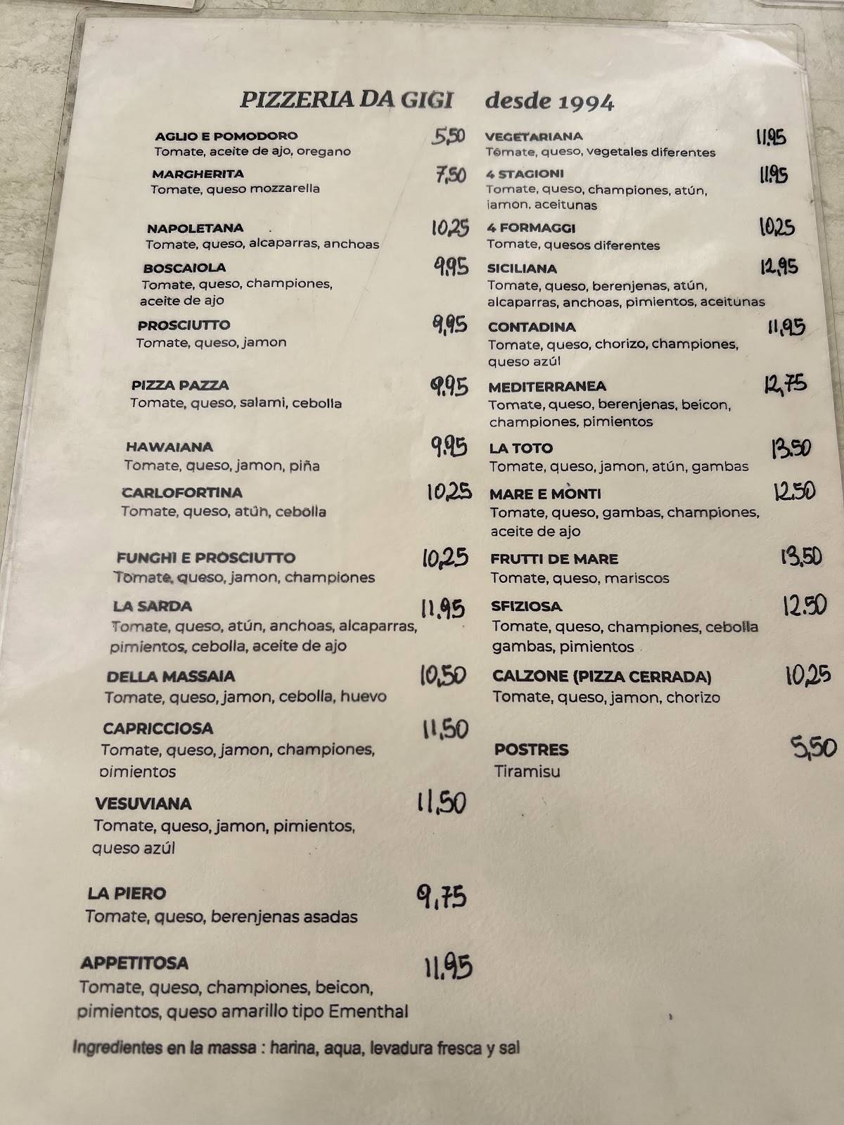 Carta de Pizzeria Italiana Gigi, Arrecife