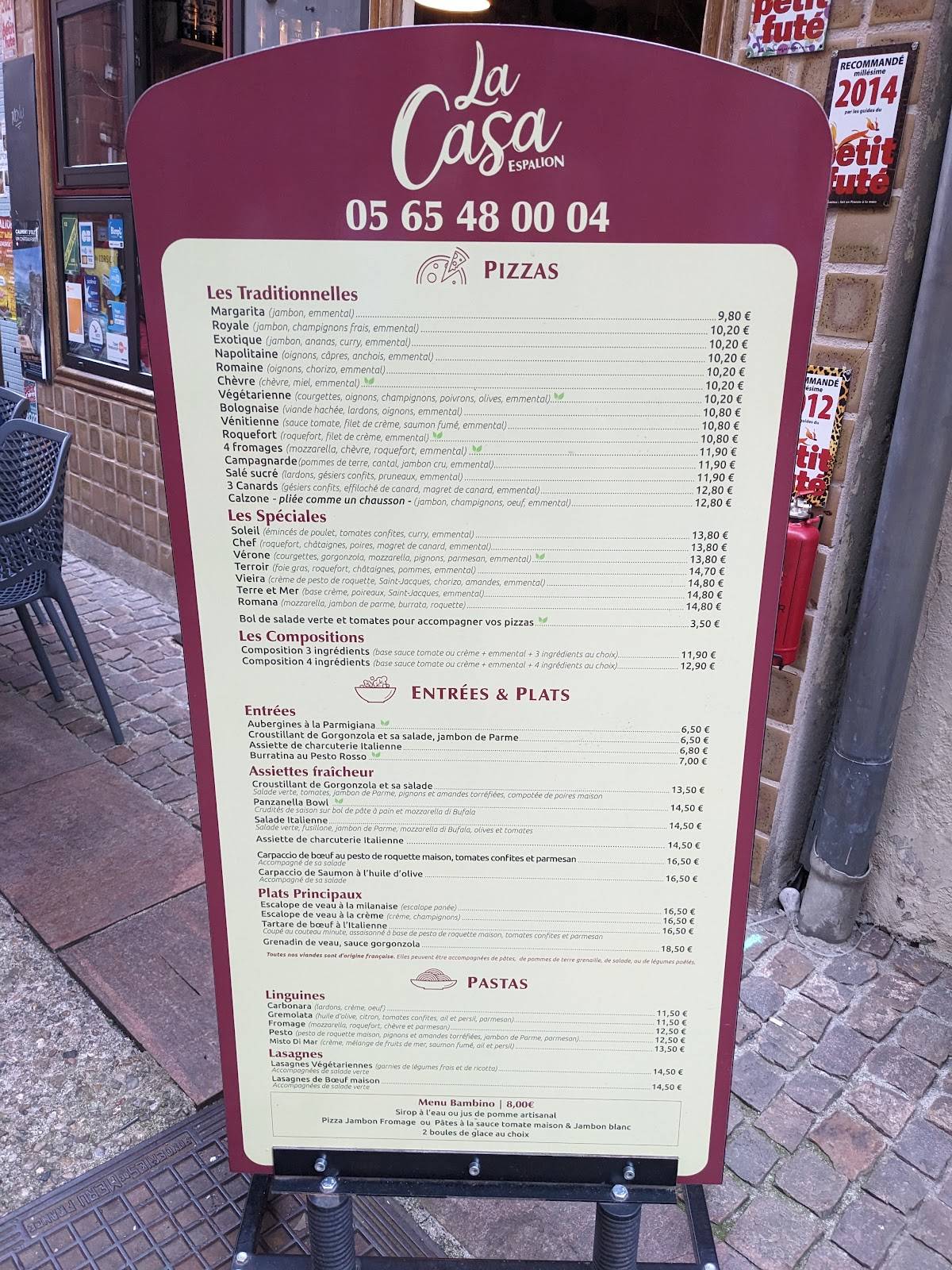 Menu au La Casa pizzeria, Espalion