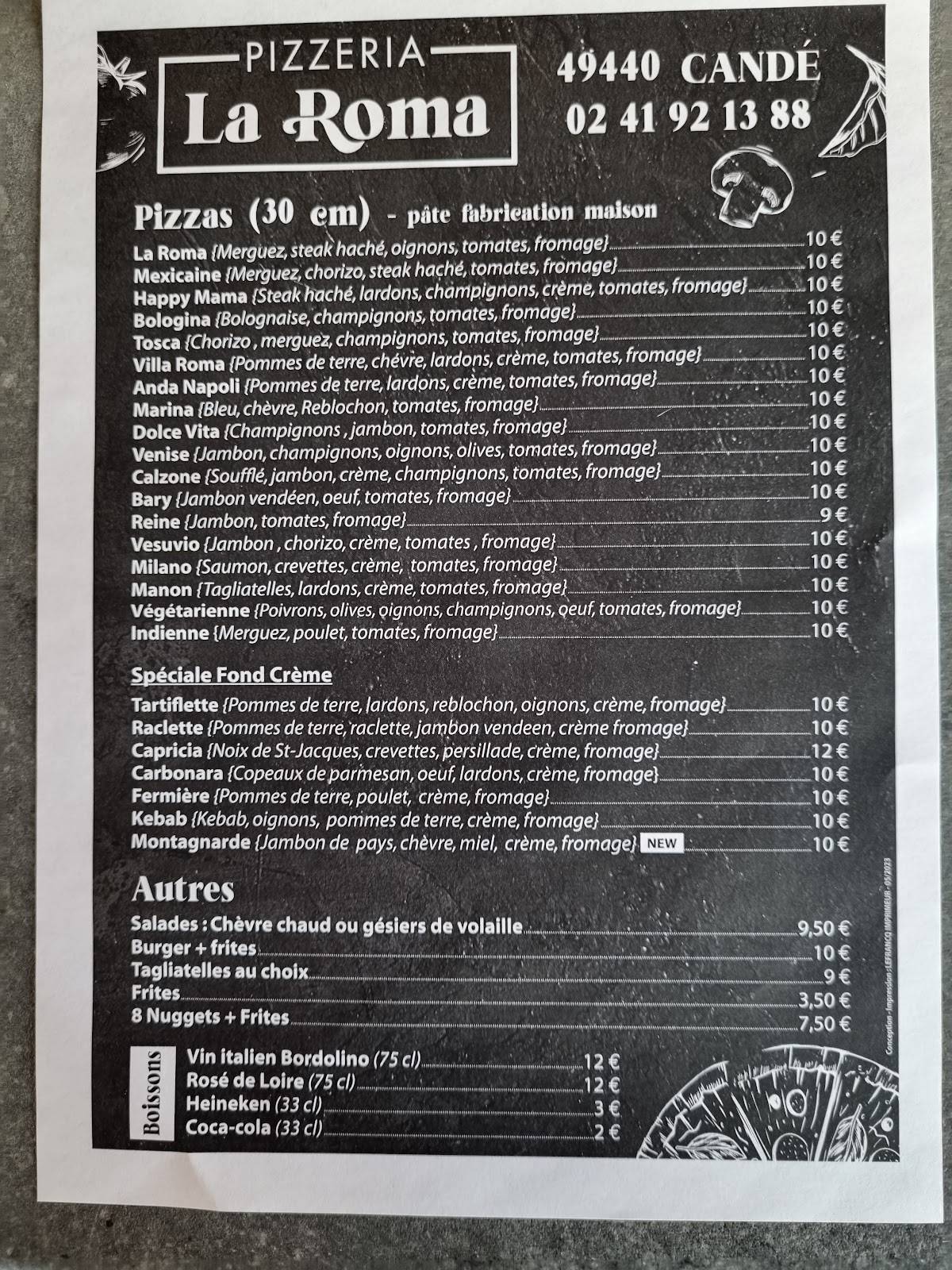 Menu at Pizzeria La Roma, Candé