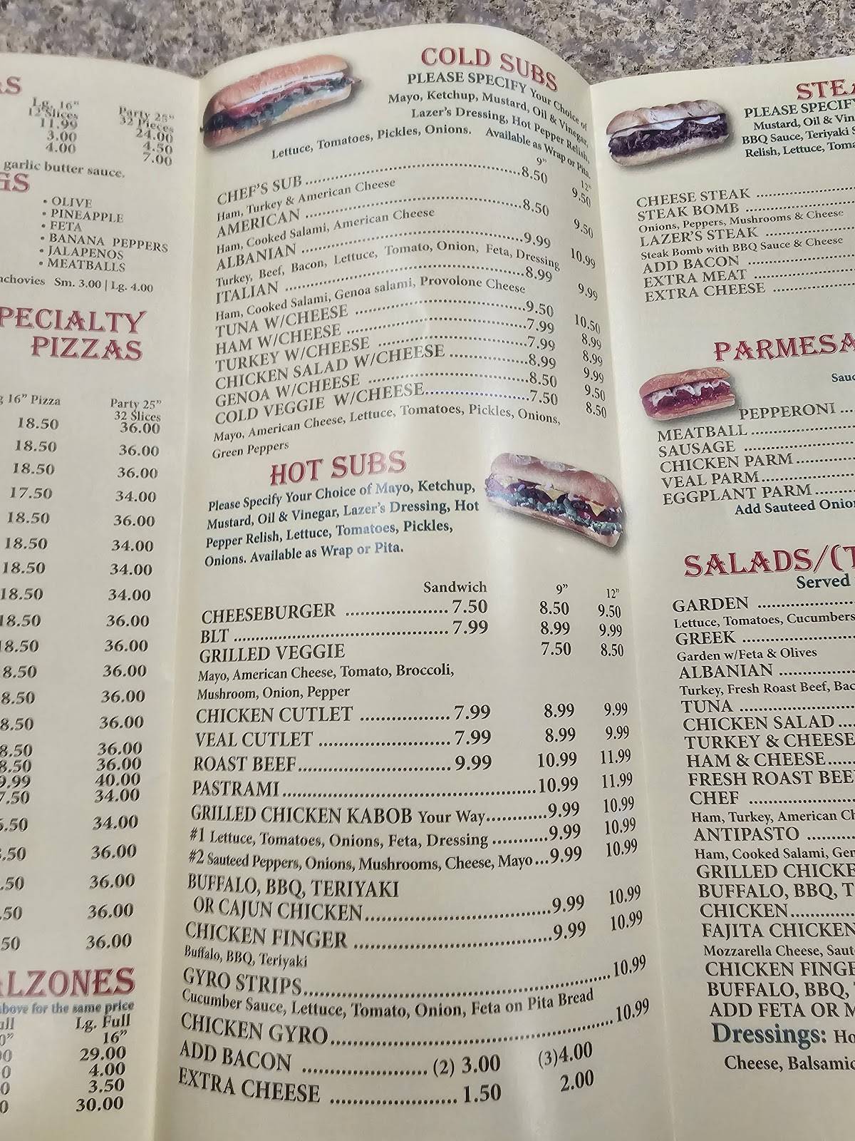 Menu at Lazer's Pizza & Roast Beef pizzeria, Ware