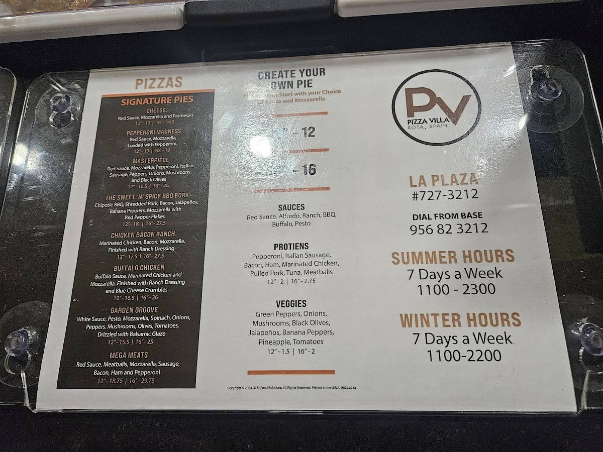 Carta de pizzería MWR Pizza Villa, Rota