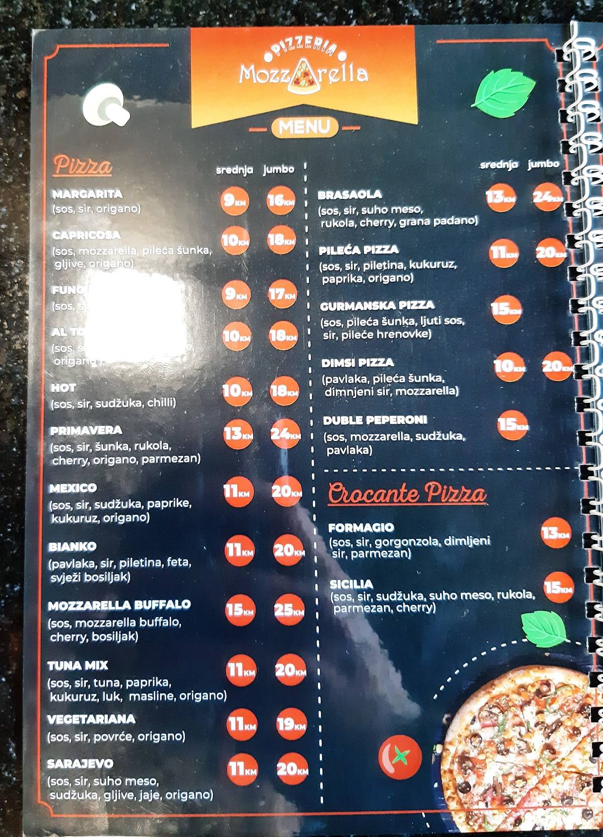 Carta de Pizzeria Mozzarella, Sarajevo