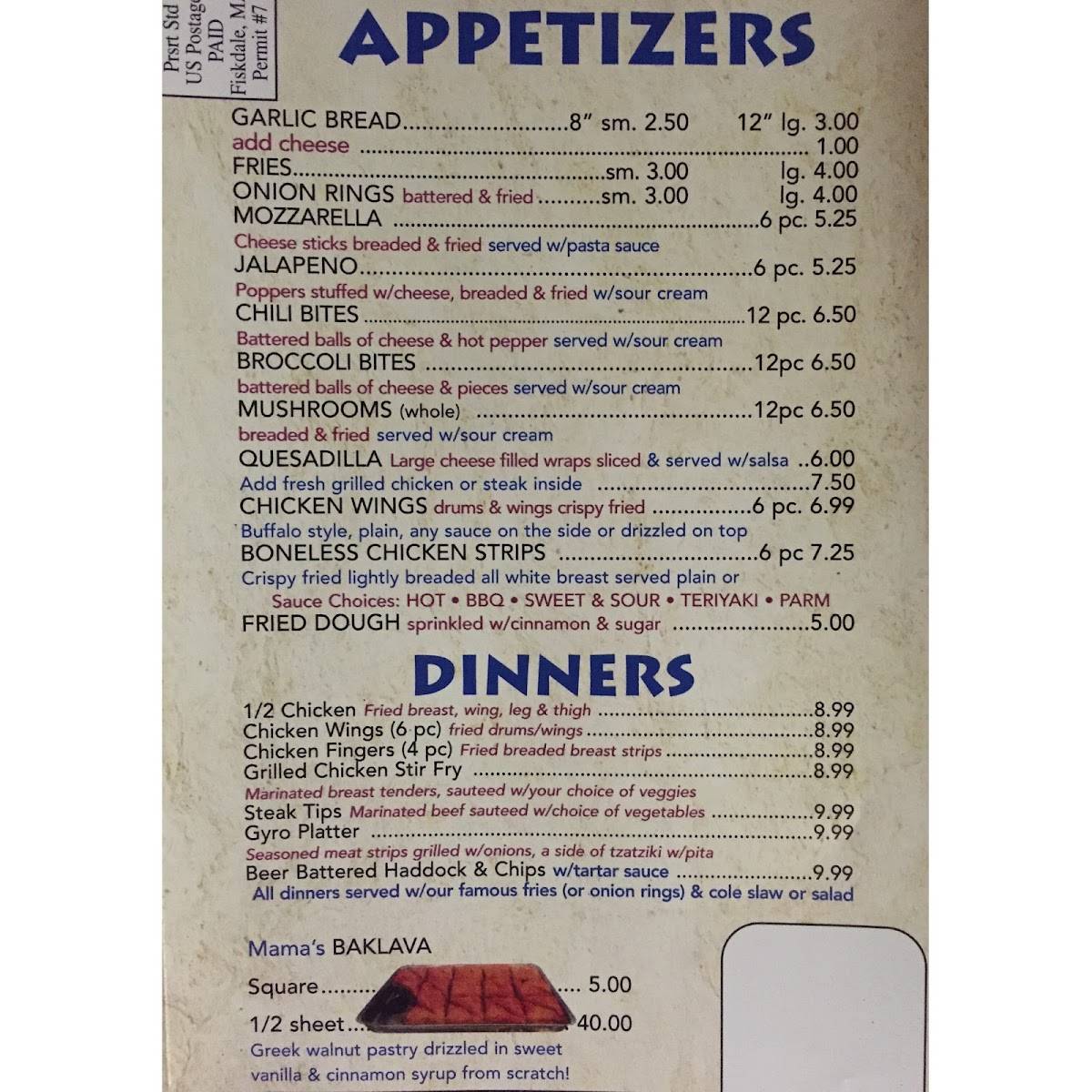 Menu at Niko's Pizza pizzeria, Ware, 118 Main St