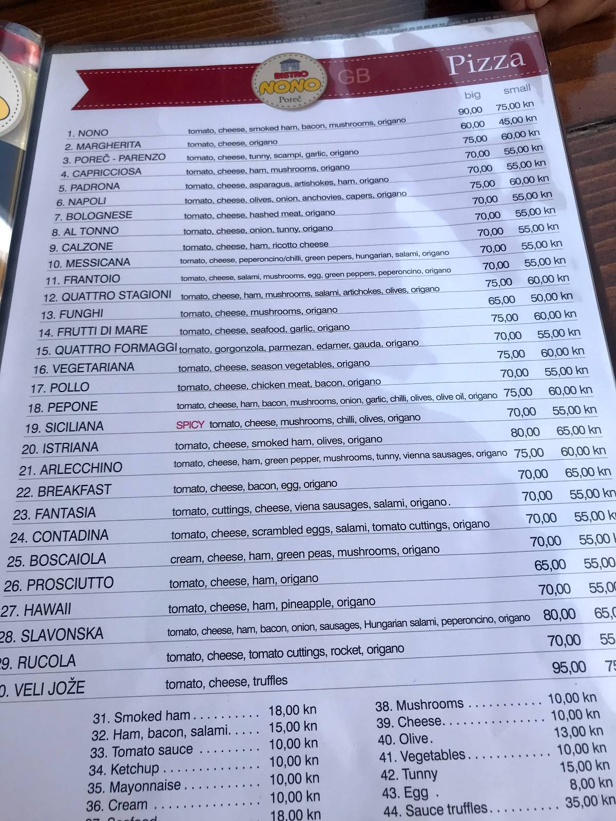 Menu at Pizzeria Nono, Poreč
