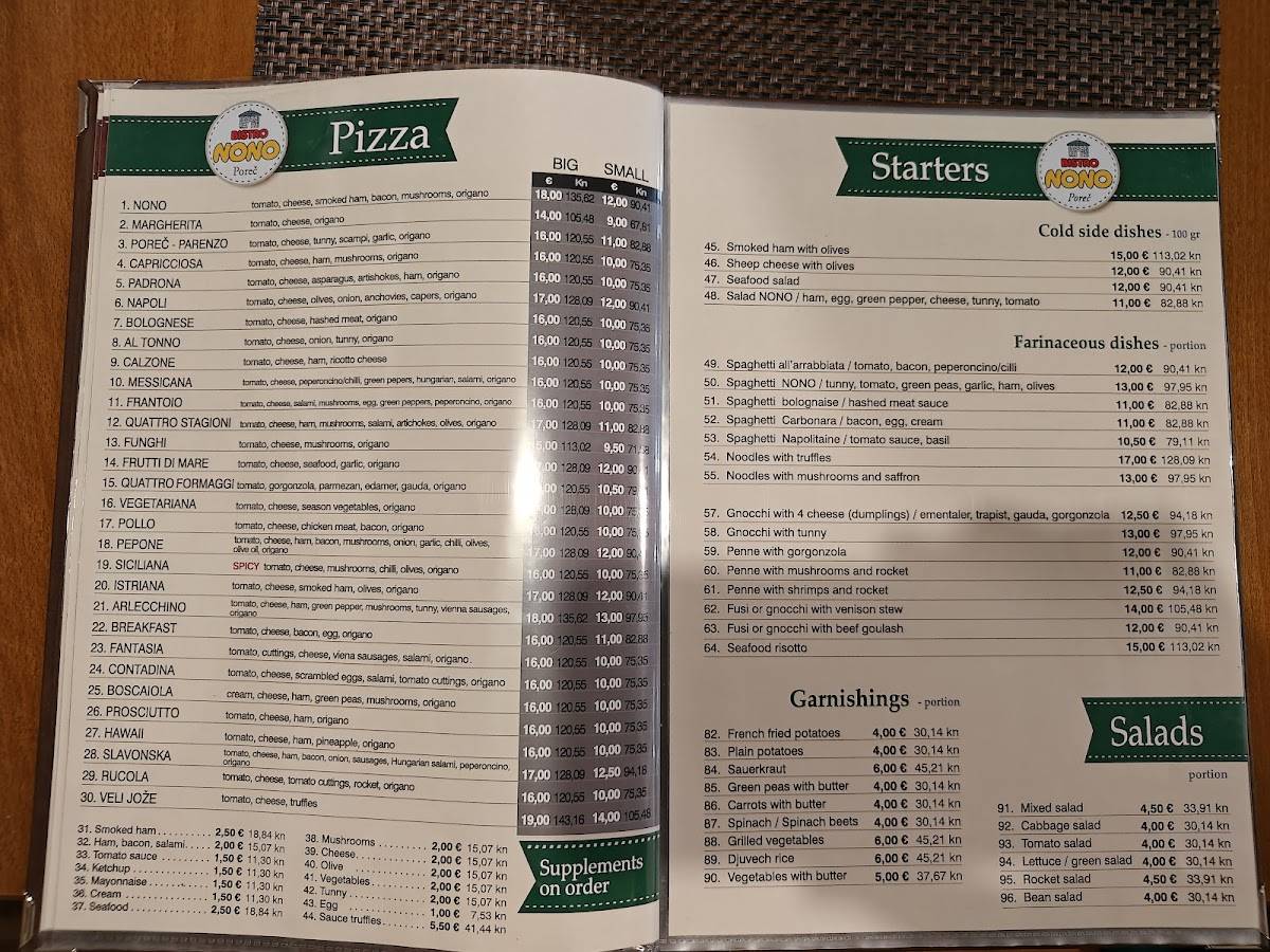 Menu at Pizzeria Nono, Poreč
