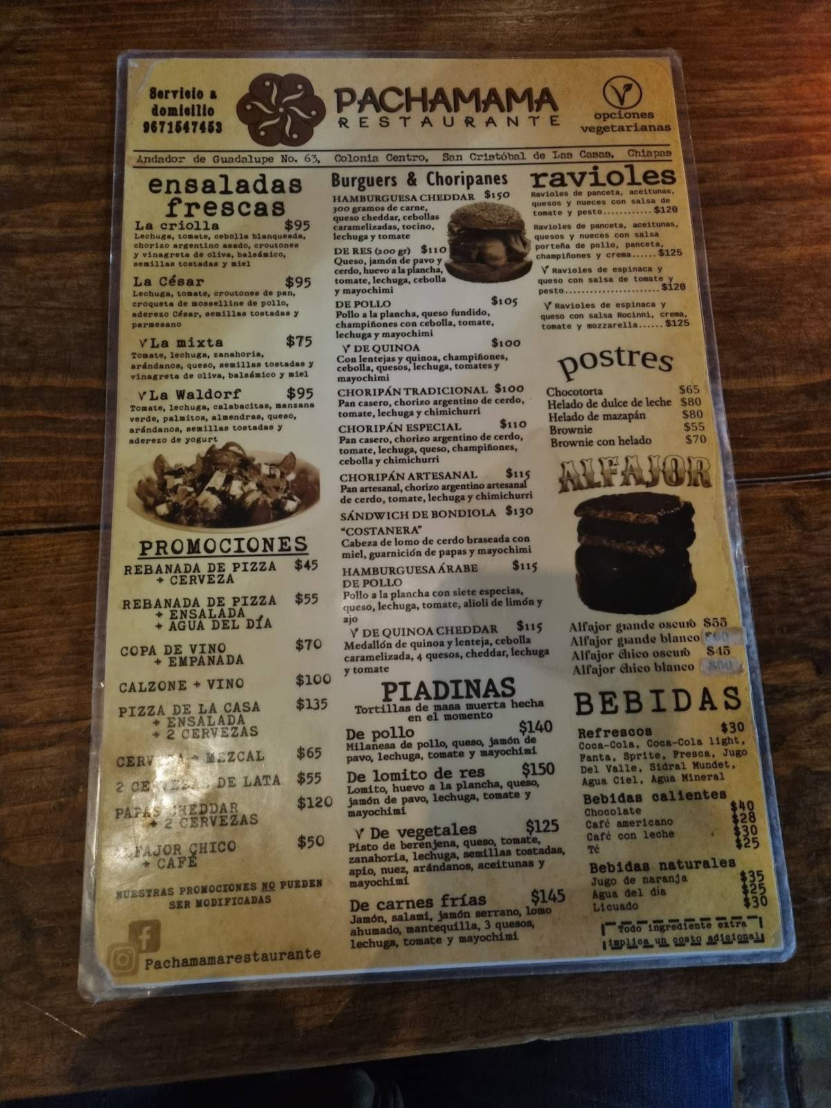 Carta de Pachamama Restaurante, San Cristóbal de las Casas