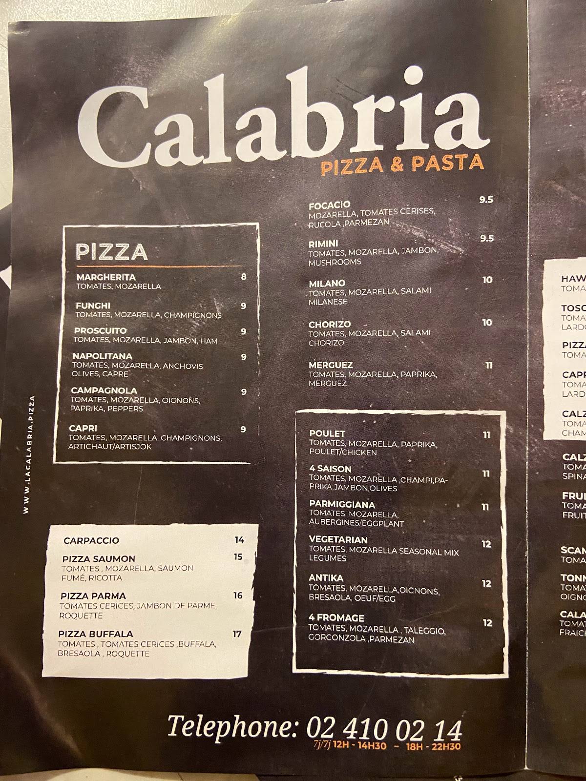 Menu at Pizzeria Pasta Calabria, Sint-Jans-Molenbeek, Osseghemstraat 150