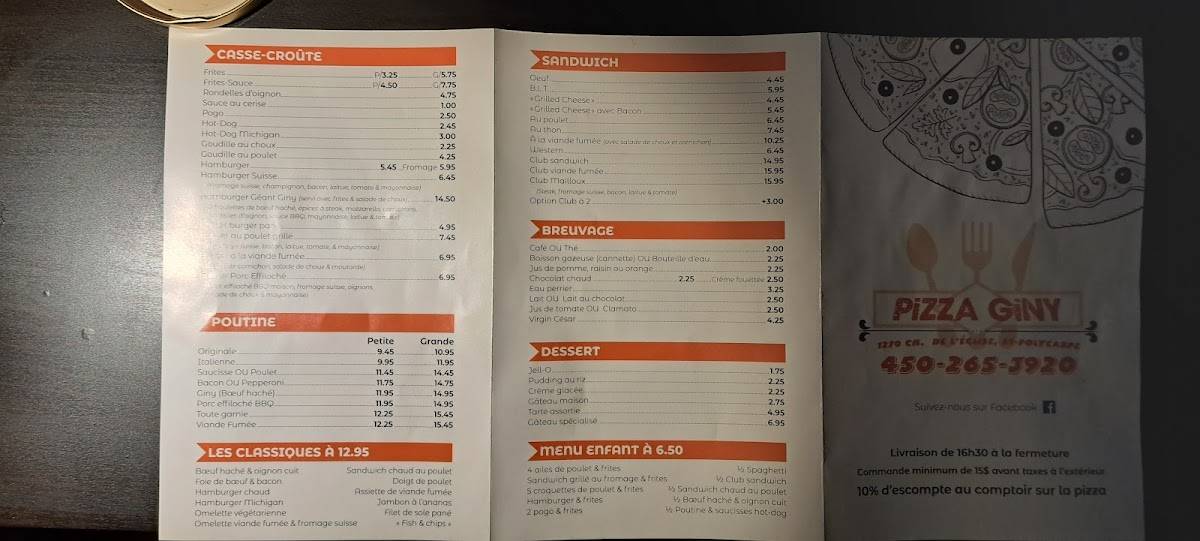 Menu au Pizza Giny pizzeria, Saint-Polycarpe