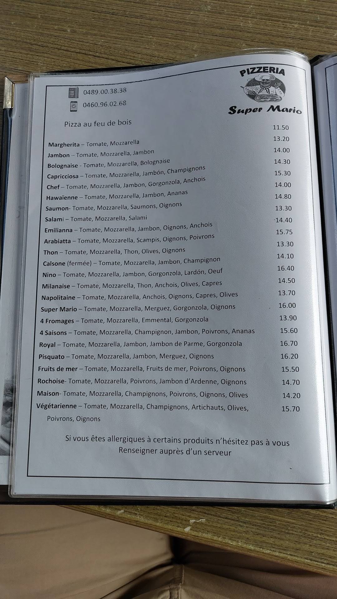Menu au Pizzeria Super Mario, La Roche-en-Ardenne