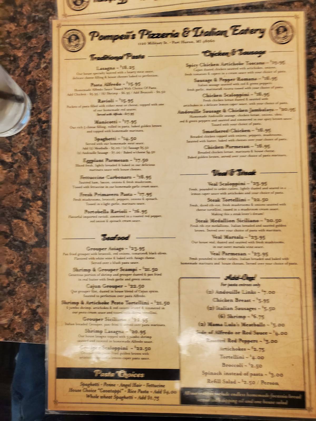Menu at Pompeii's Pizzeria & Italian Eatery, Port Huron