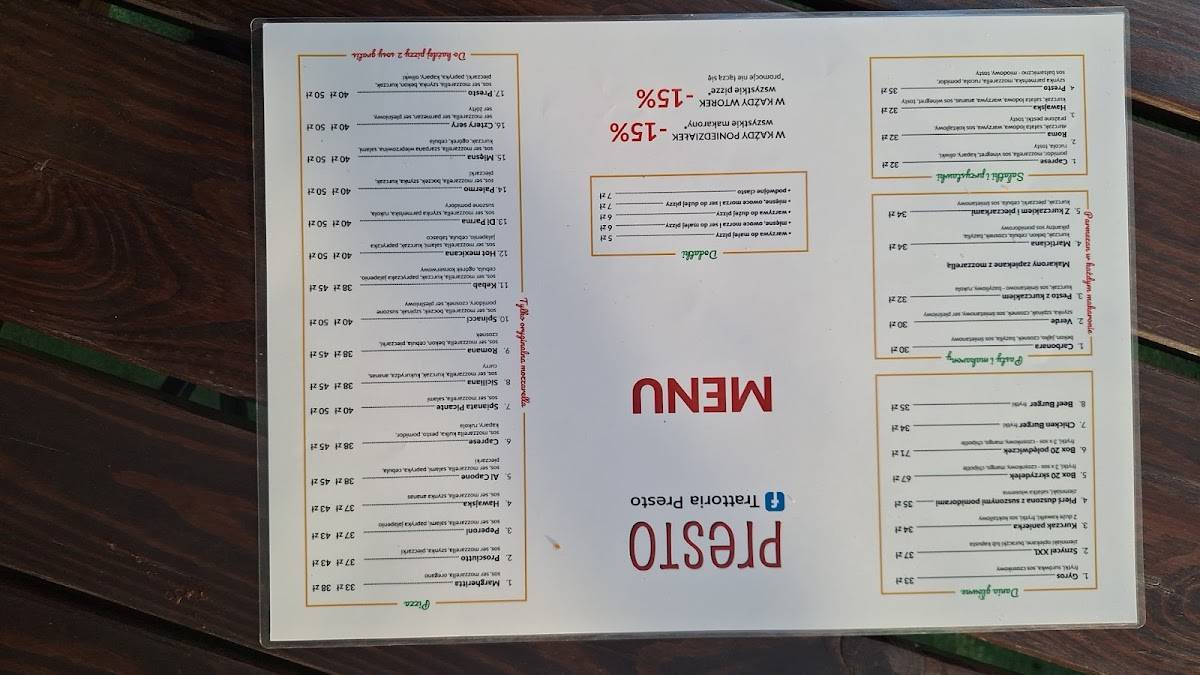 Menu at Pizzeria Presto, Minsk Mazowiecki